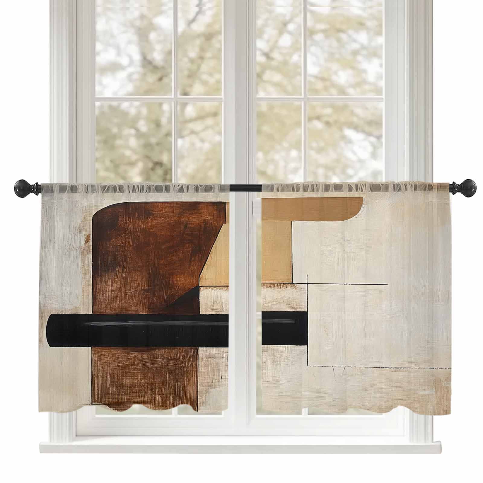 Abstract Brown Sheer Curtains 45 inches Long 2 Panels Set Geometric ...