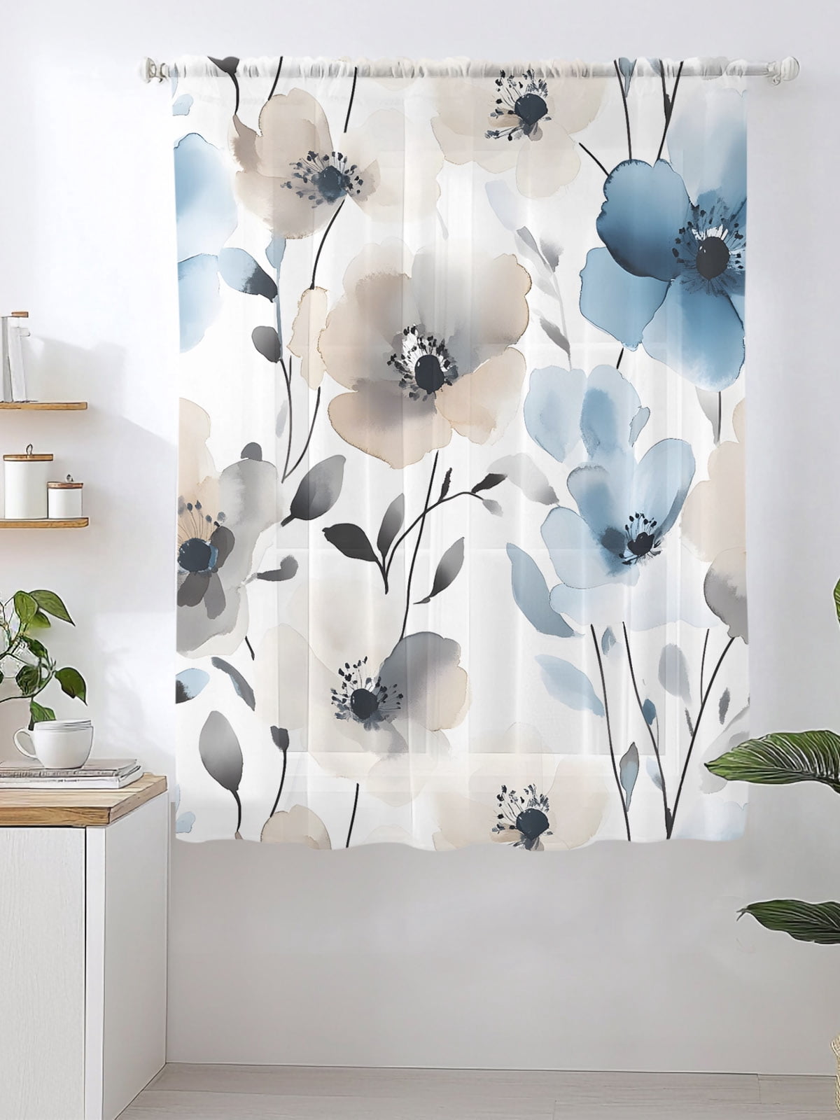Abstract Brown Sheer Curtains 63 Inch Long 1 Panel Blue Floral Vintage ...