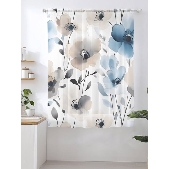 Abstract Brown Sheer Curtains 63 Inch Long 1 Panel Blue Floral Vintage ...