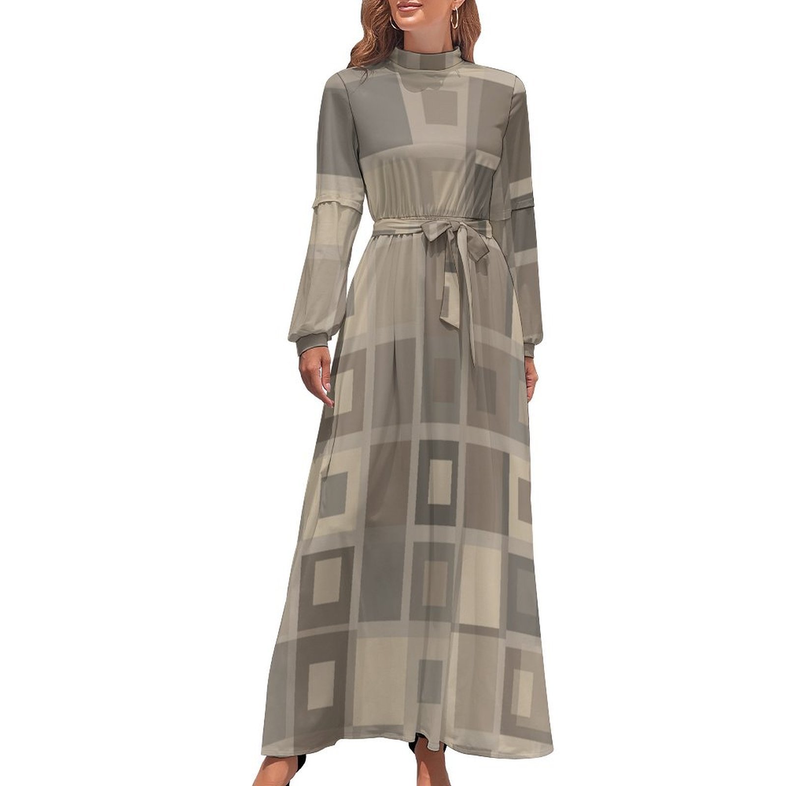 Abstract Brown Square Pattern Women's Long Dress Long Sleeves Dress ...