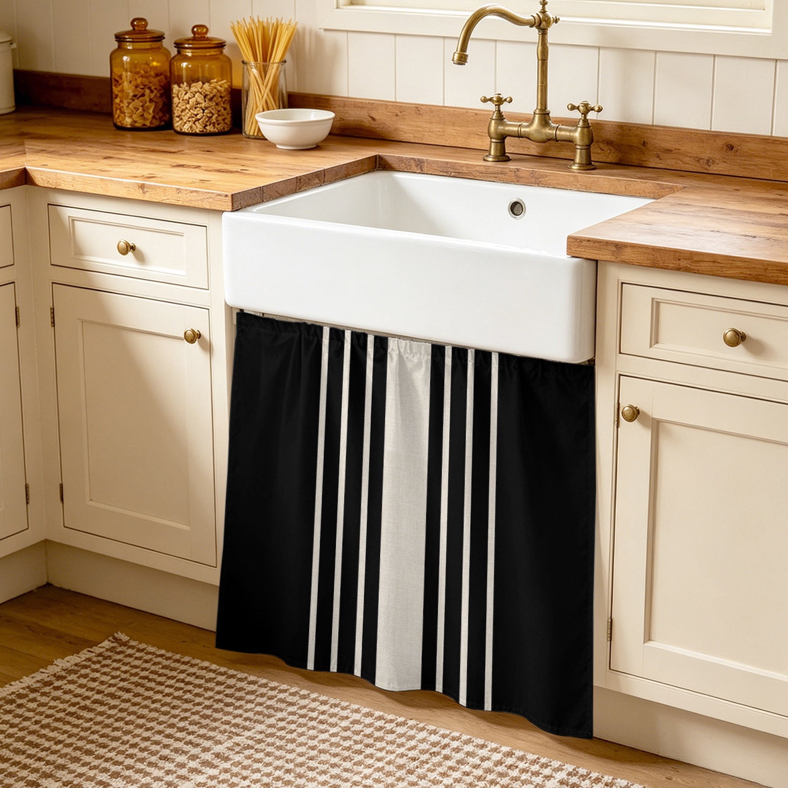 Abstract Brown Striped Cabinet Curtain, Simple Black Background Sink ...