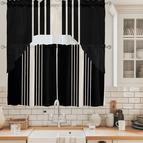 Abstract Brown Striped Swag Curtains Valance and Tier Set, Simple Black ...