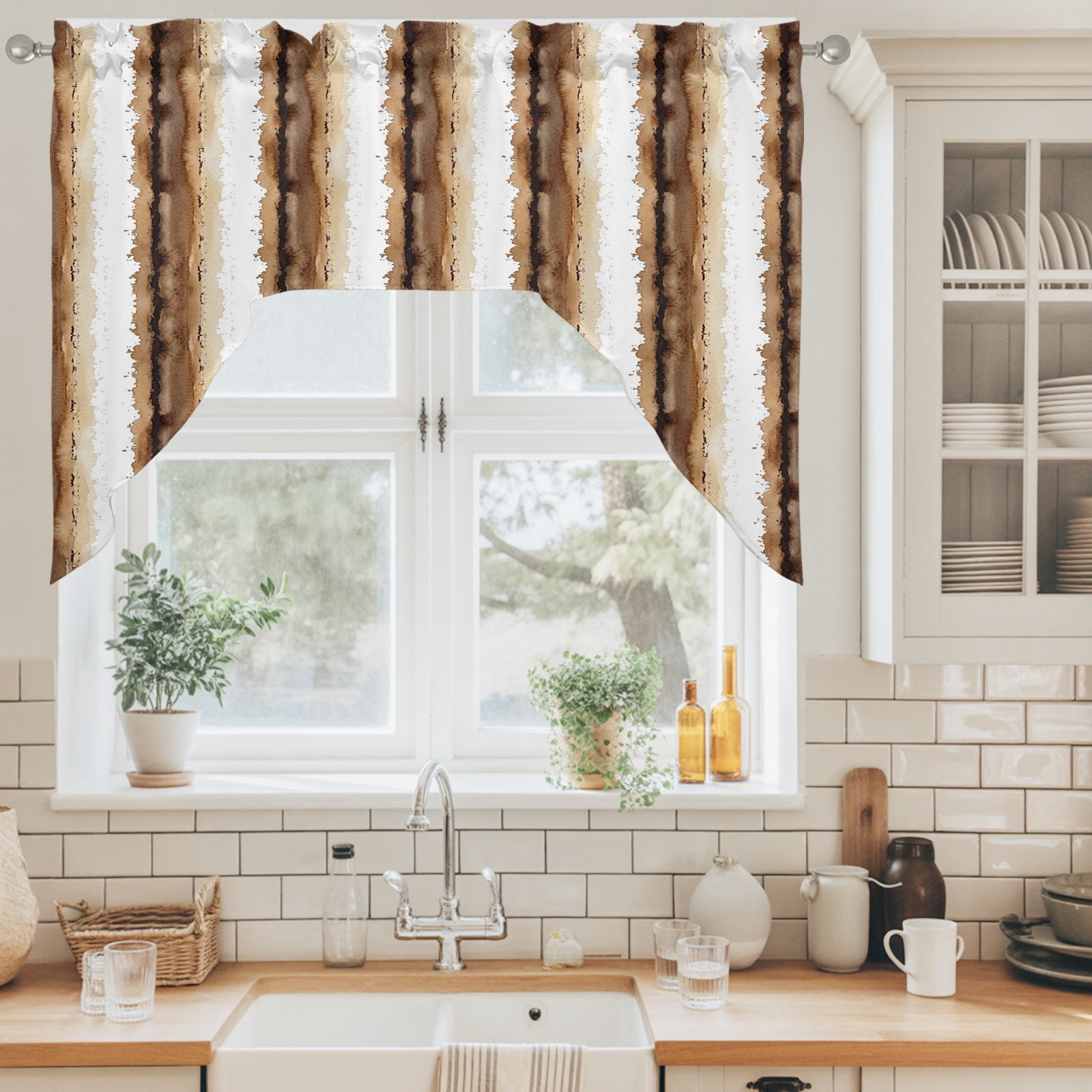 Abstract Brown Stripes Swag Curtain Valance for Windows, Dreamy Brown ...