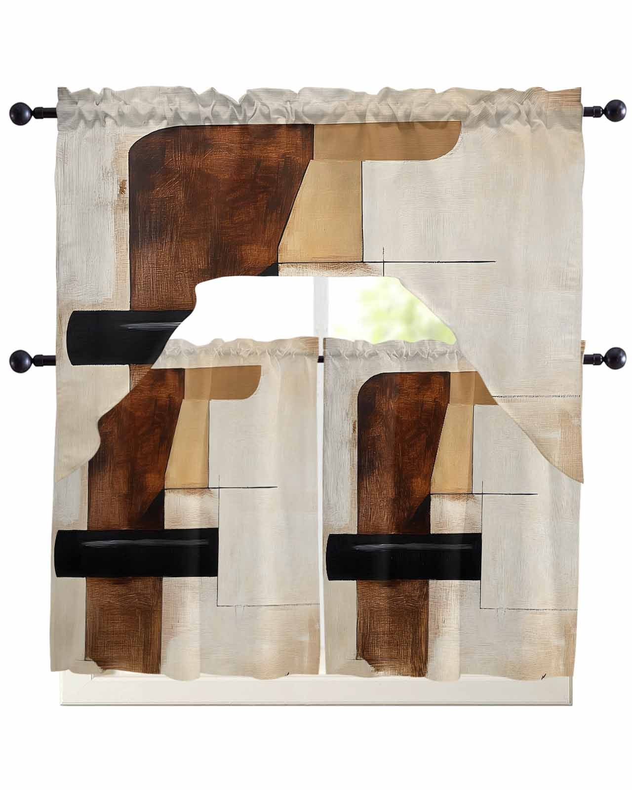 Abstract Brown Swag Valance and Tier Curtains Set Geometric Color Block ...
