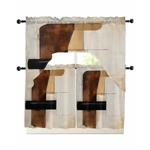 Abstract Brown Swag Valance and Tier Curtains Set Geometric Color Block ...