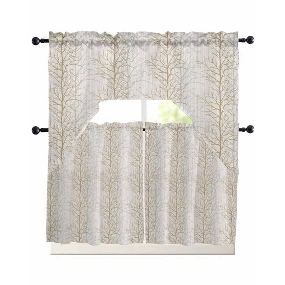 Abstract Brown Swag Valance and Tier Curtains Set Tree Branch Pattern ...