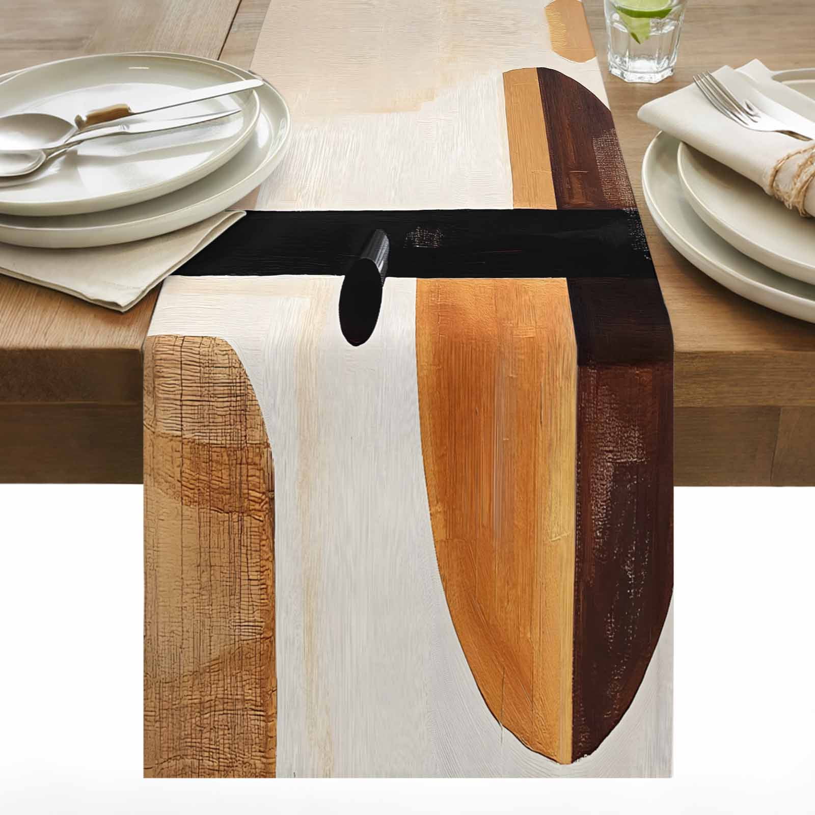 Abstract Brown Table Runner 13x48 inch Black Geometric Color Block ...