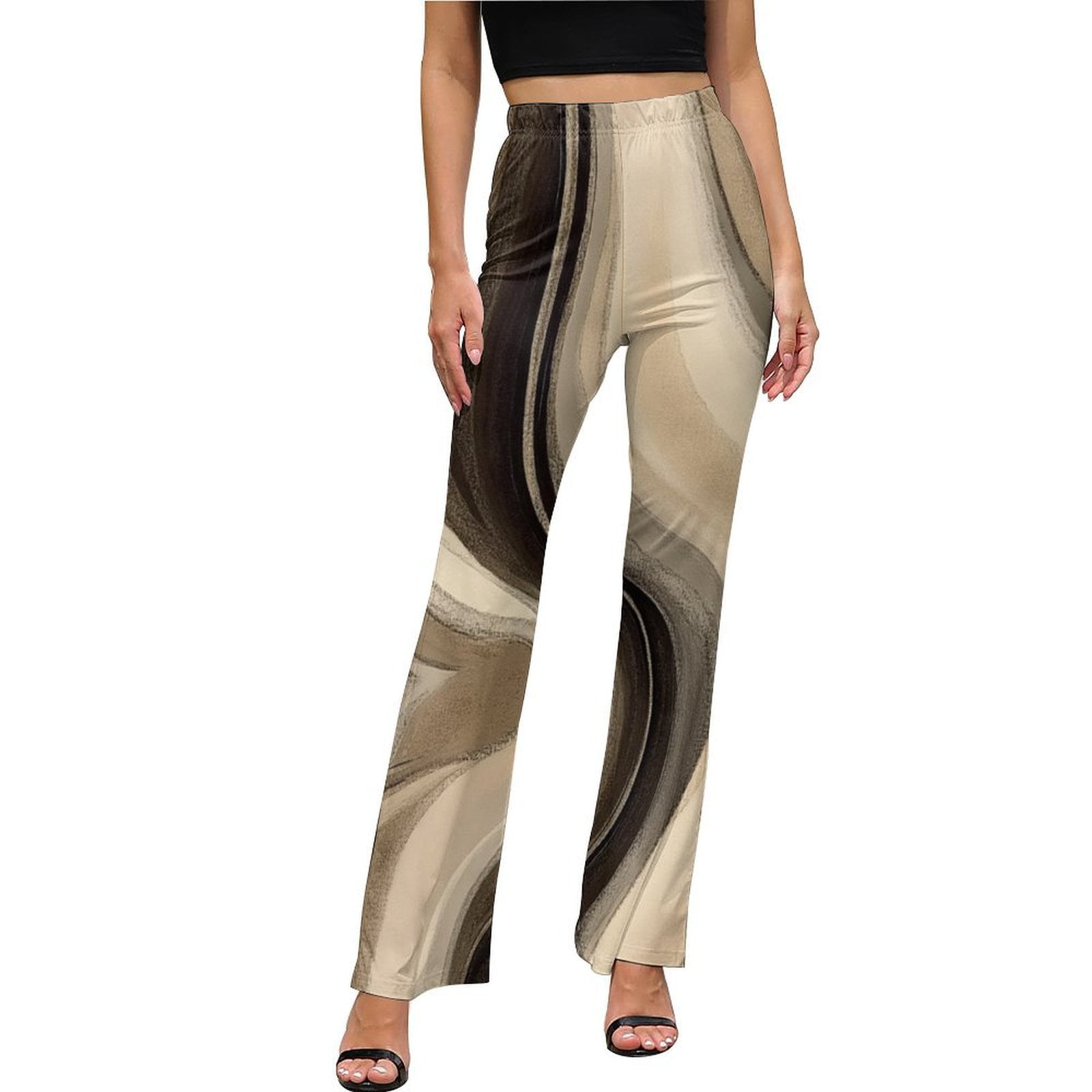 Abstract Brown Wave Art High Waisted Casual Flared Trousers Summer Home ...
