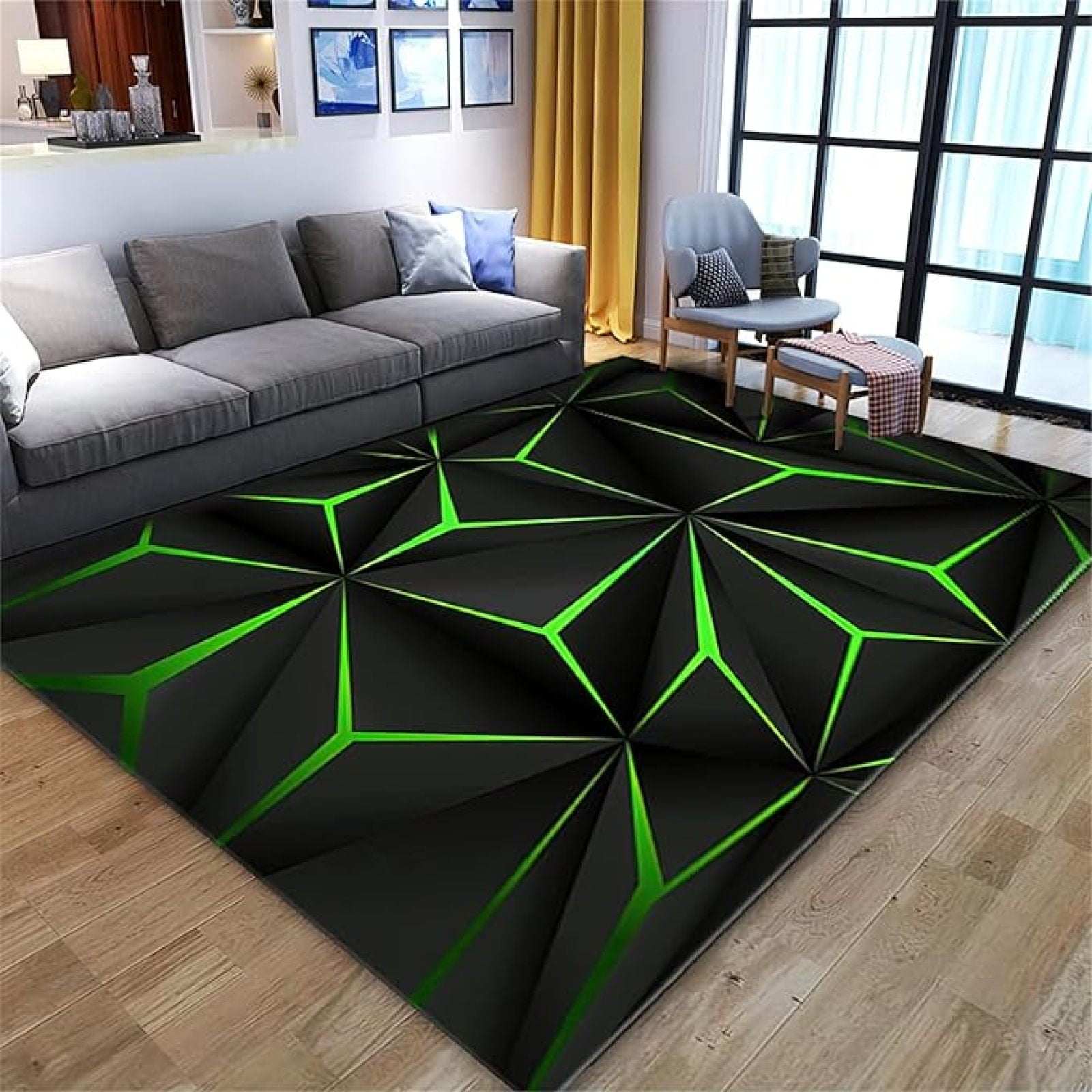 Abstract Bump Optical Illusion Area Rug, Green Gold Geometric Pattern ...