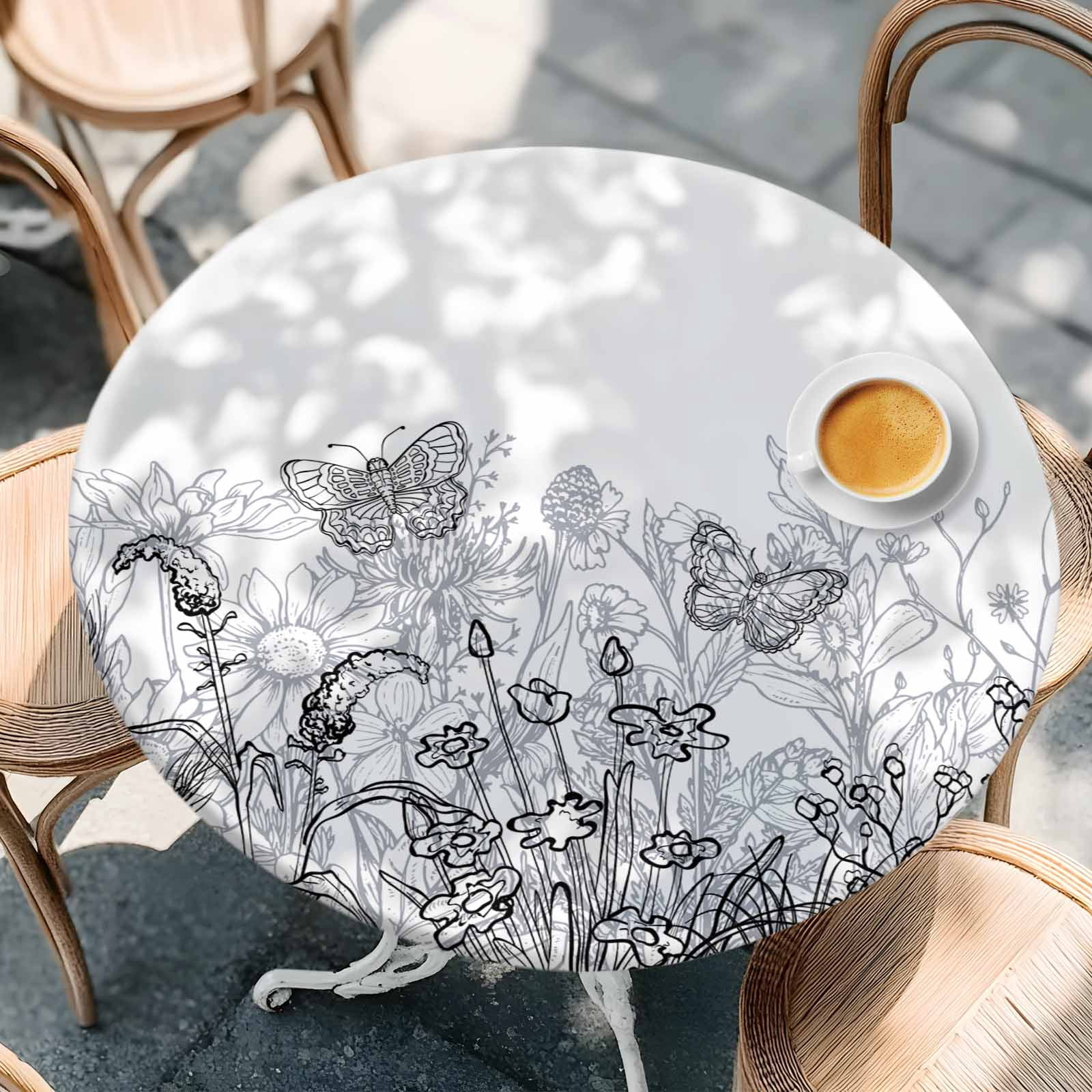 Abstract Butterfly Flower Leaves Sketch Round Fitted Tablecloth with ...