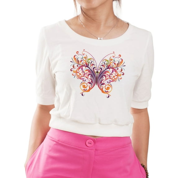 Abstract Butterfly Printed 100% Cotton Elbow Sleeves Croptop WTS_05 M ...