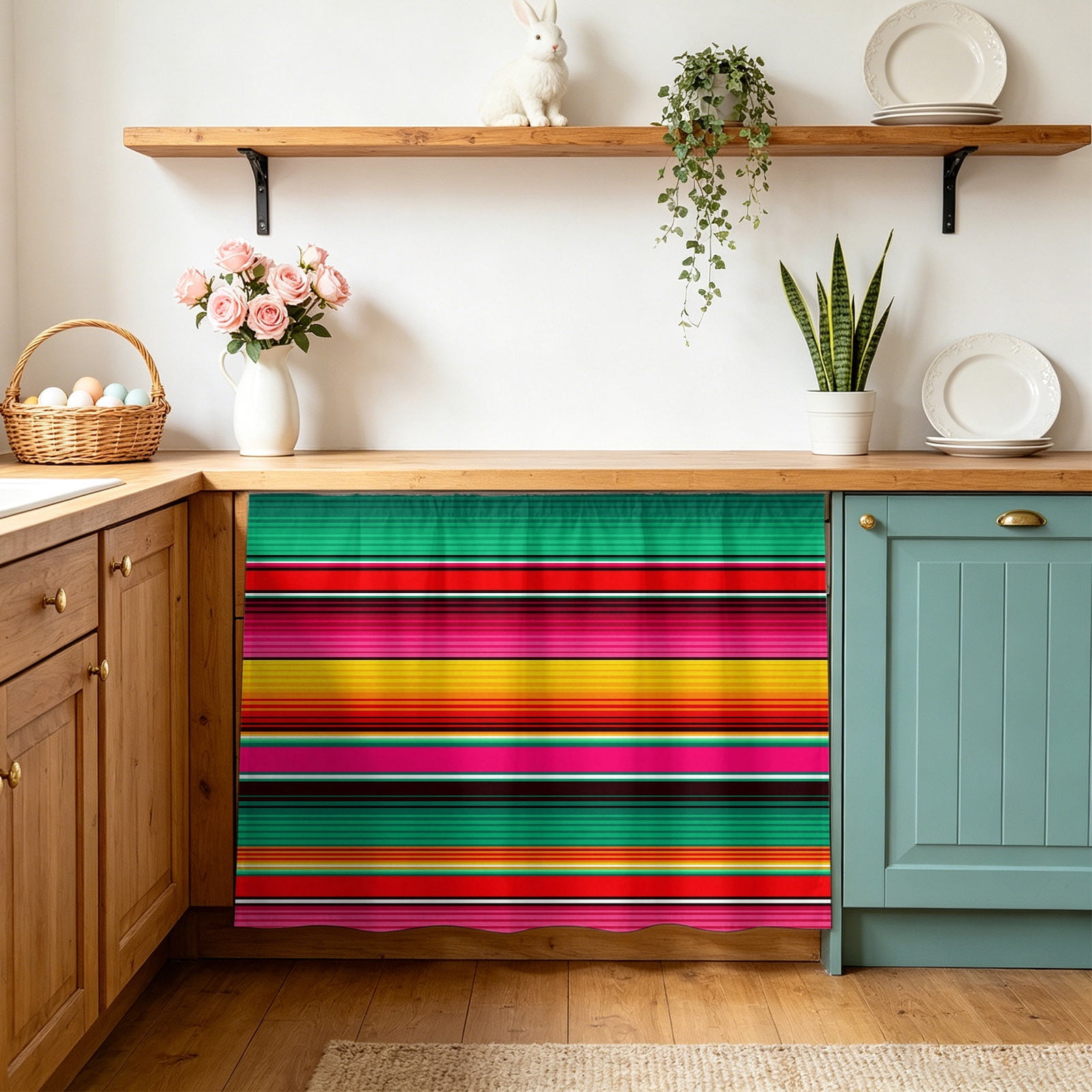 Abstract Cabinet Curtains 28" W x 35" L Colorful Mexican Stripe Green ...