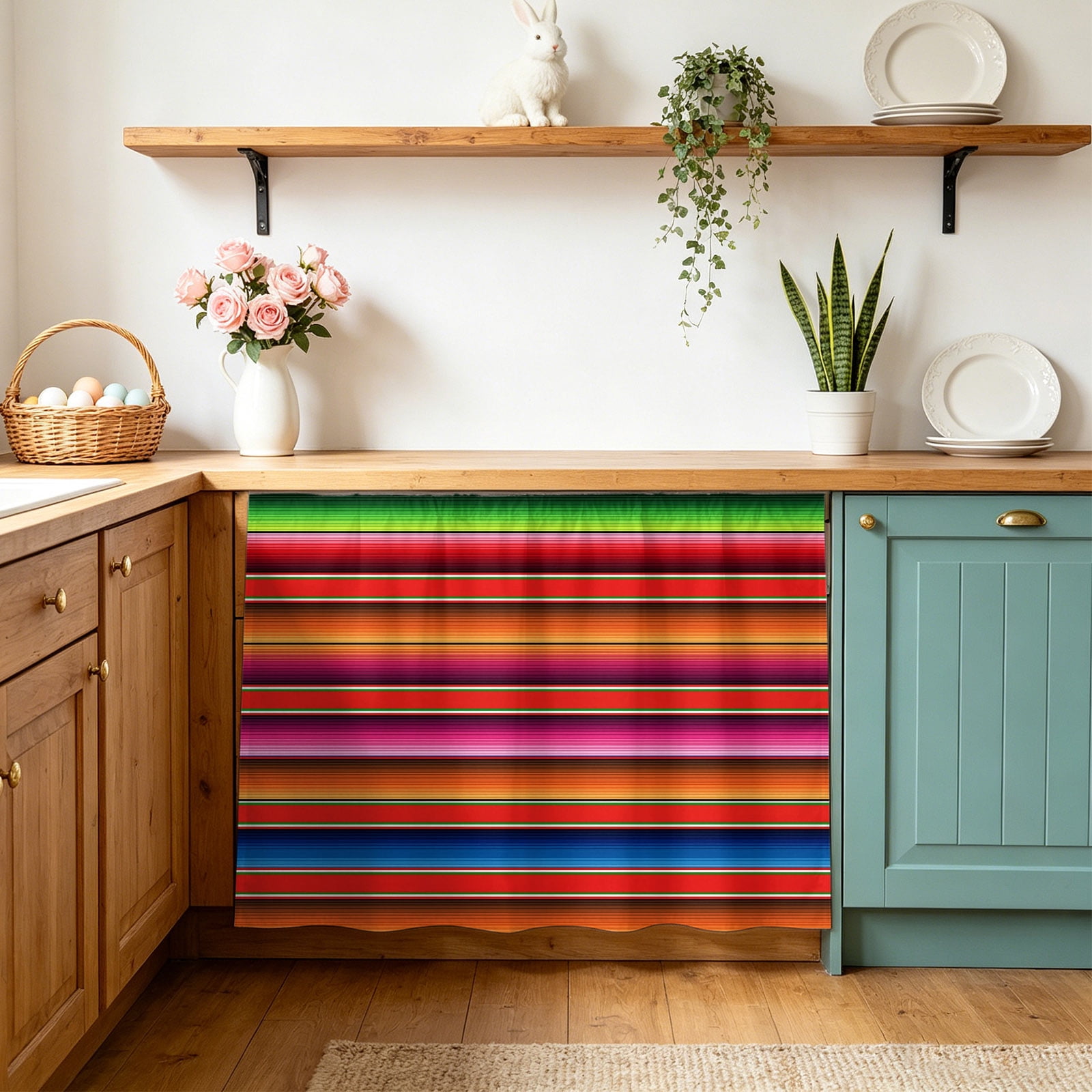Abstract Cabinet Curtains 28" W x 35" L, Colorful Mexican Stripe Red ...