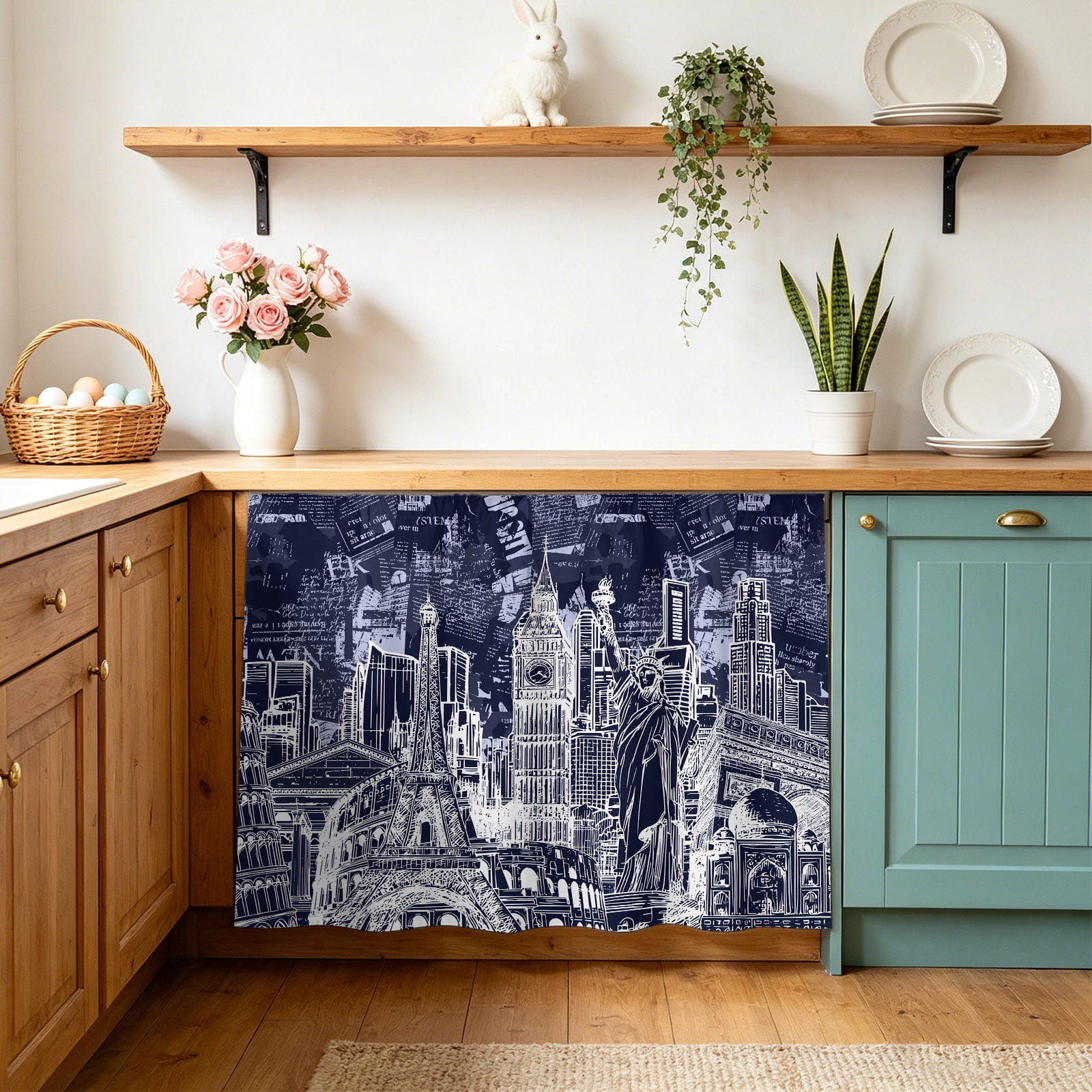 Abstract Cabinet Curtains 28" W x 35" L, Navy Blue and White Global ...