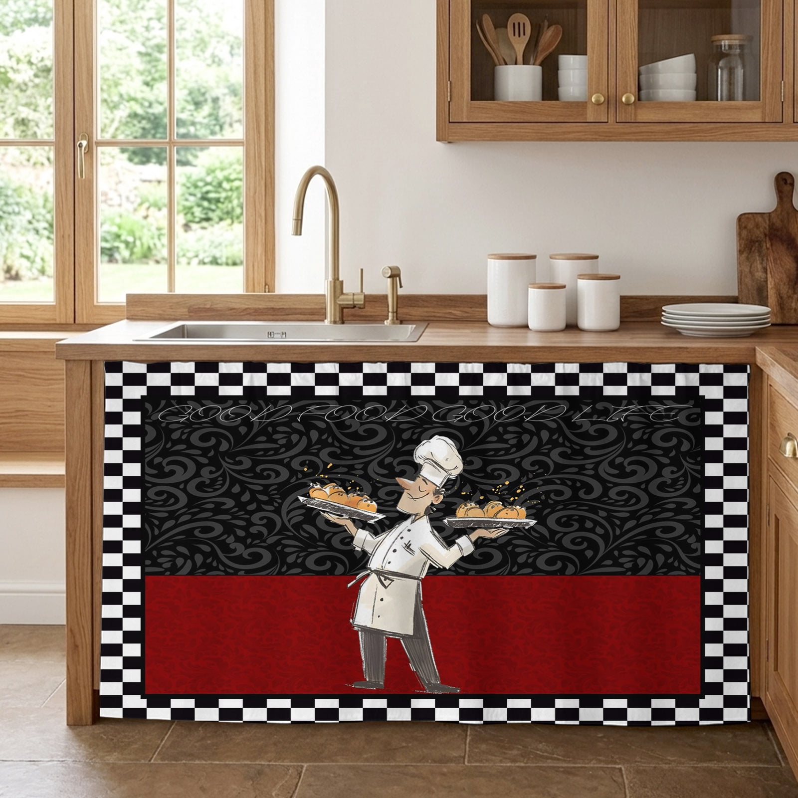 Abstract Cabinet Curtains 28" W x 51" L Cartoon Style Chef Bread White ...