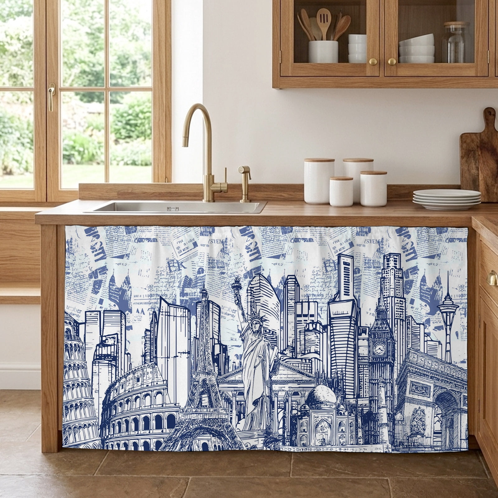 Abstract Cabinet Curtains 28" W x 51" L, White and Navy Blue Global ...