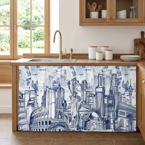 Abstract Cabinet Curtains 28" W x 51" L, White and Navy Blue Global ...