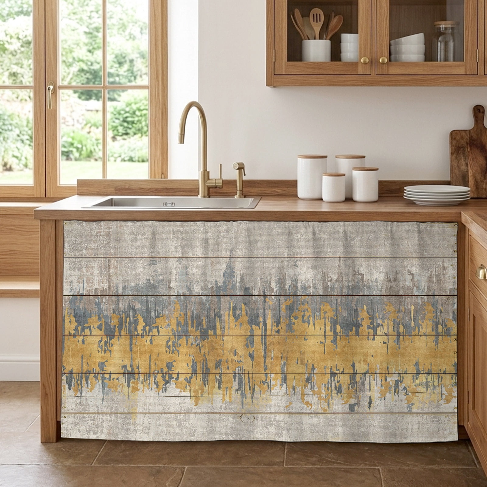 Abstract Cabinet Curtains 28" W x 51" L Yellow Grey Graffiti Silhouette ...
