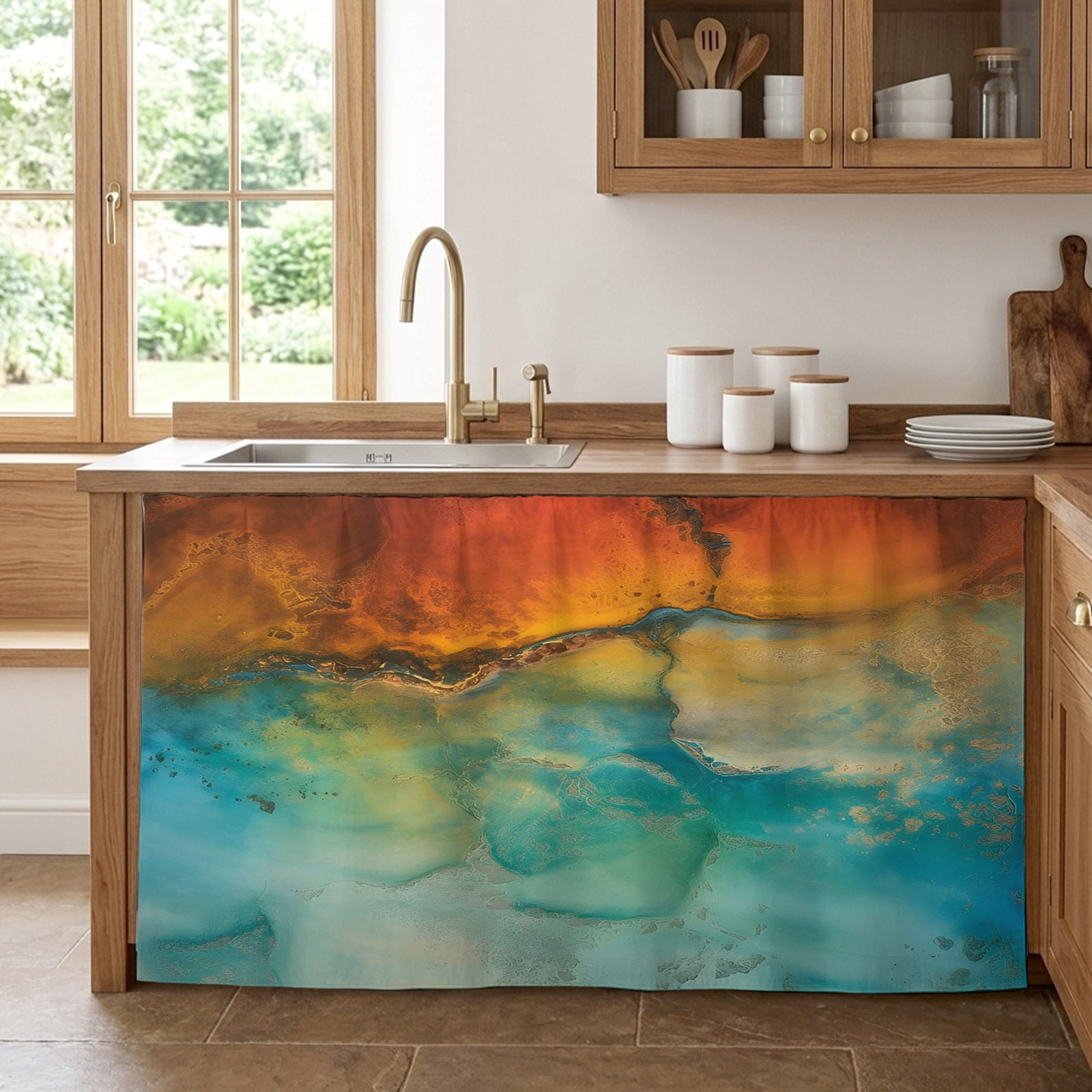 Abstract Cabinet Curtains 32" W x 55" L Orange Teal Green Gradient ...