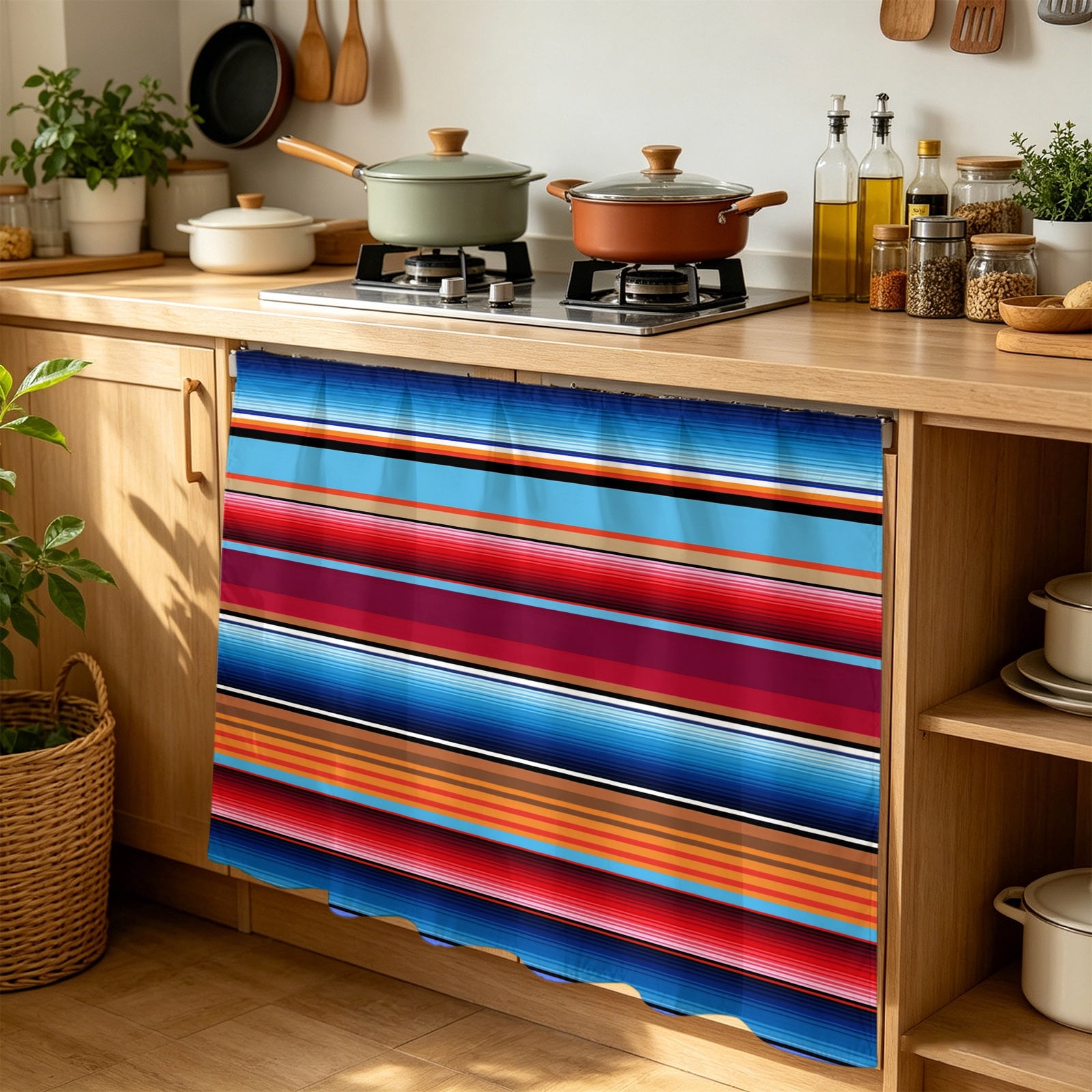 Abstract Cabinet Curtains 35" W x 35" L Colorful Mexican Stripe Blue ...