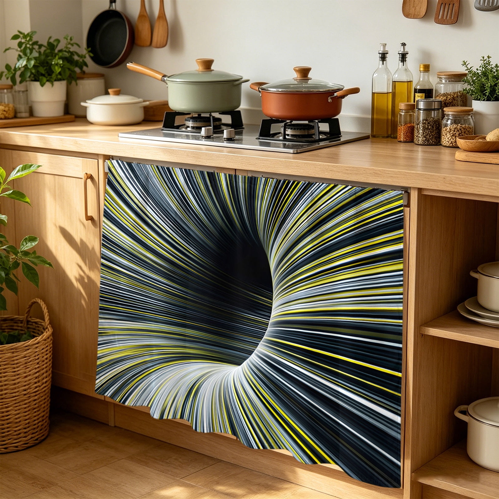Abstract Cabinet Curtains 35" W x 35" L Lemon Yellow White Linear Warp ...