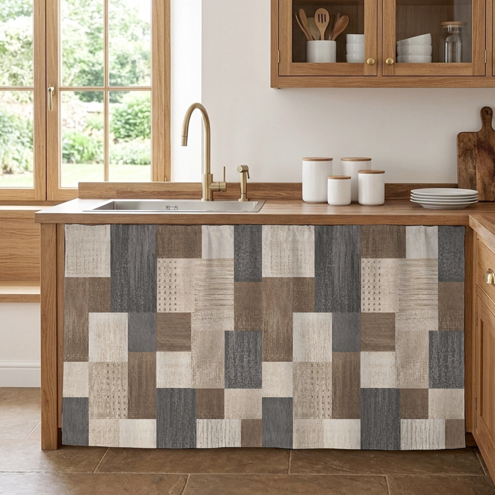 Abstract Cabinet Curtains for Kitchen 28"W x 51"L, Brown Grey Wood ...