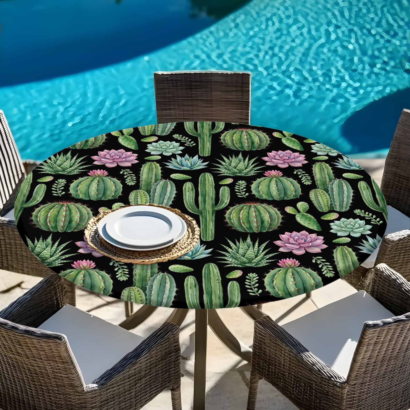 Abstract Cactus Pink Flower Leaves Round Fitted Tablecloth with Elastic ...