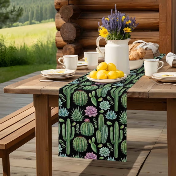 Abstract Cactus Pink Flower Leaves Table Runner 13x72in Non-Slip Cotton ...