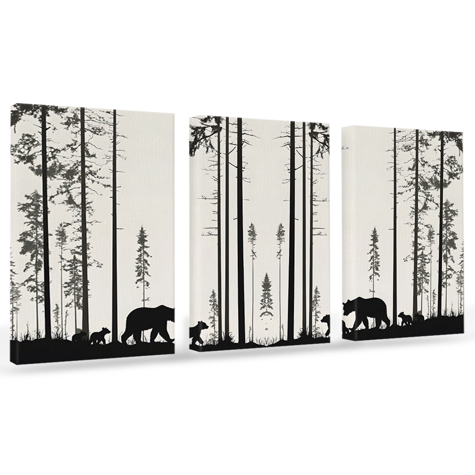 Abstract Canvas Wall Art 3 Panels, Animal Bear Family Forest Trees ...