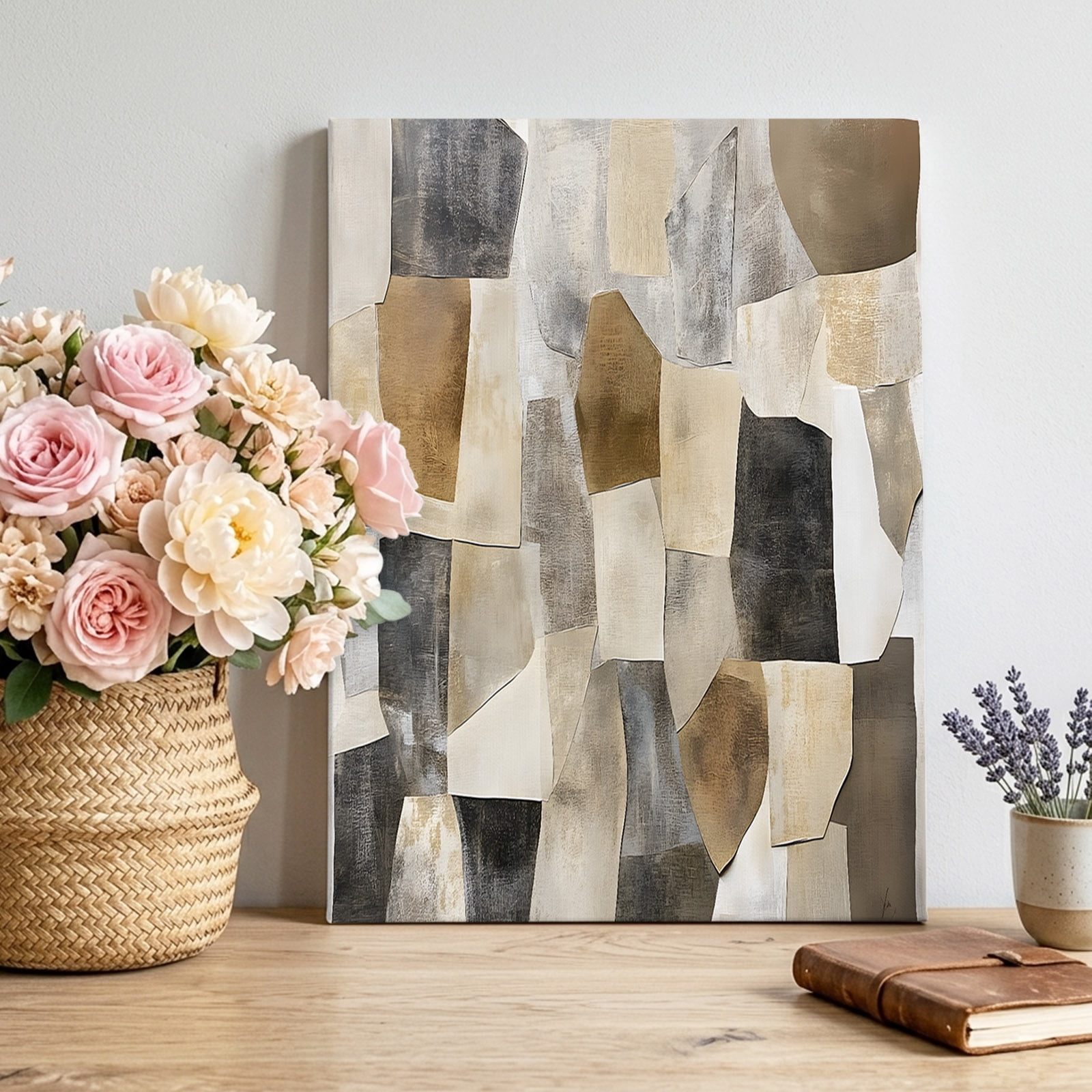 Abstract Canvas Wall Art for Living Room, Beige Brown Black Color Block ...