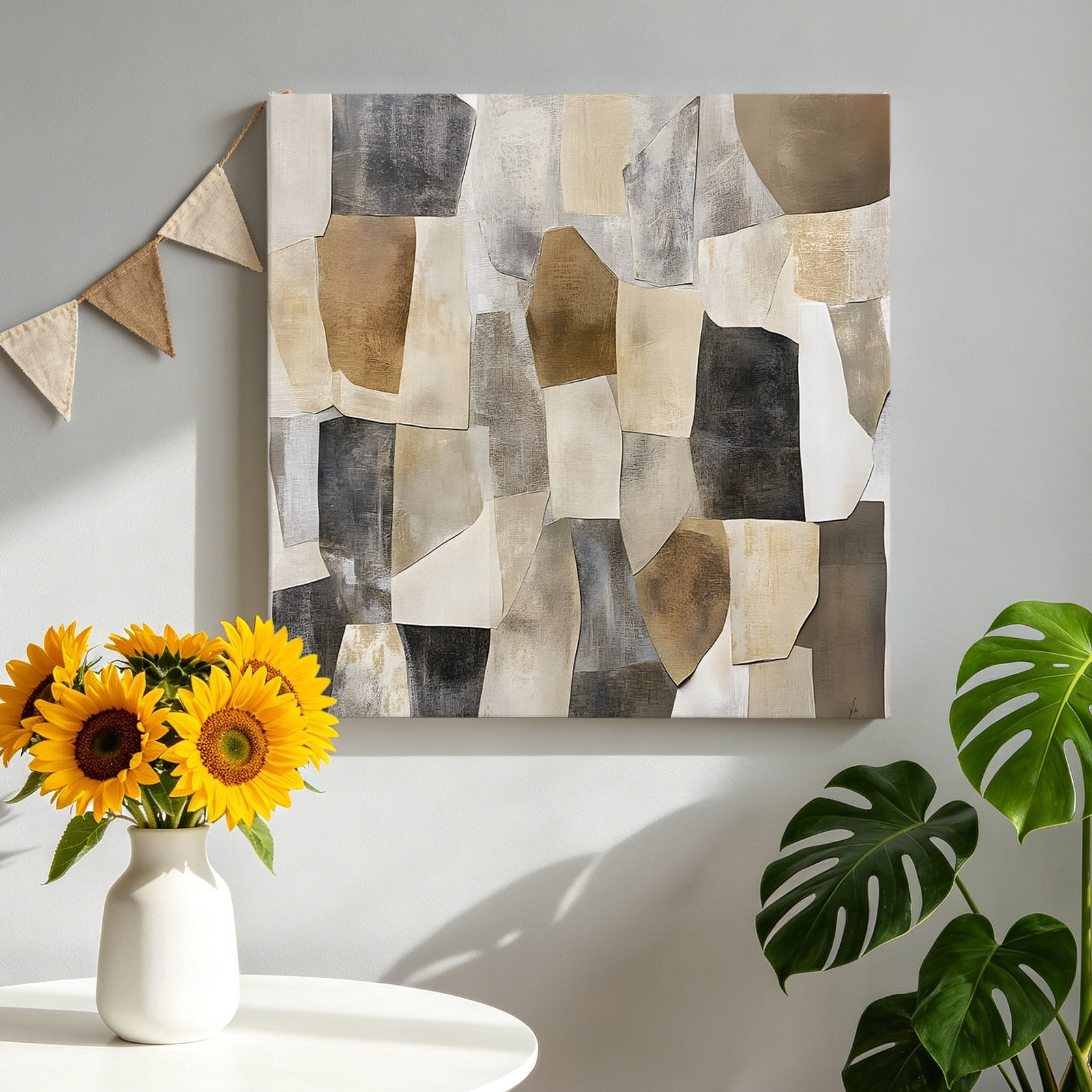 Abstract Canvas Wall Art for Living Room, Beige Brown Black Color Block ...