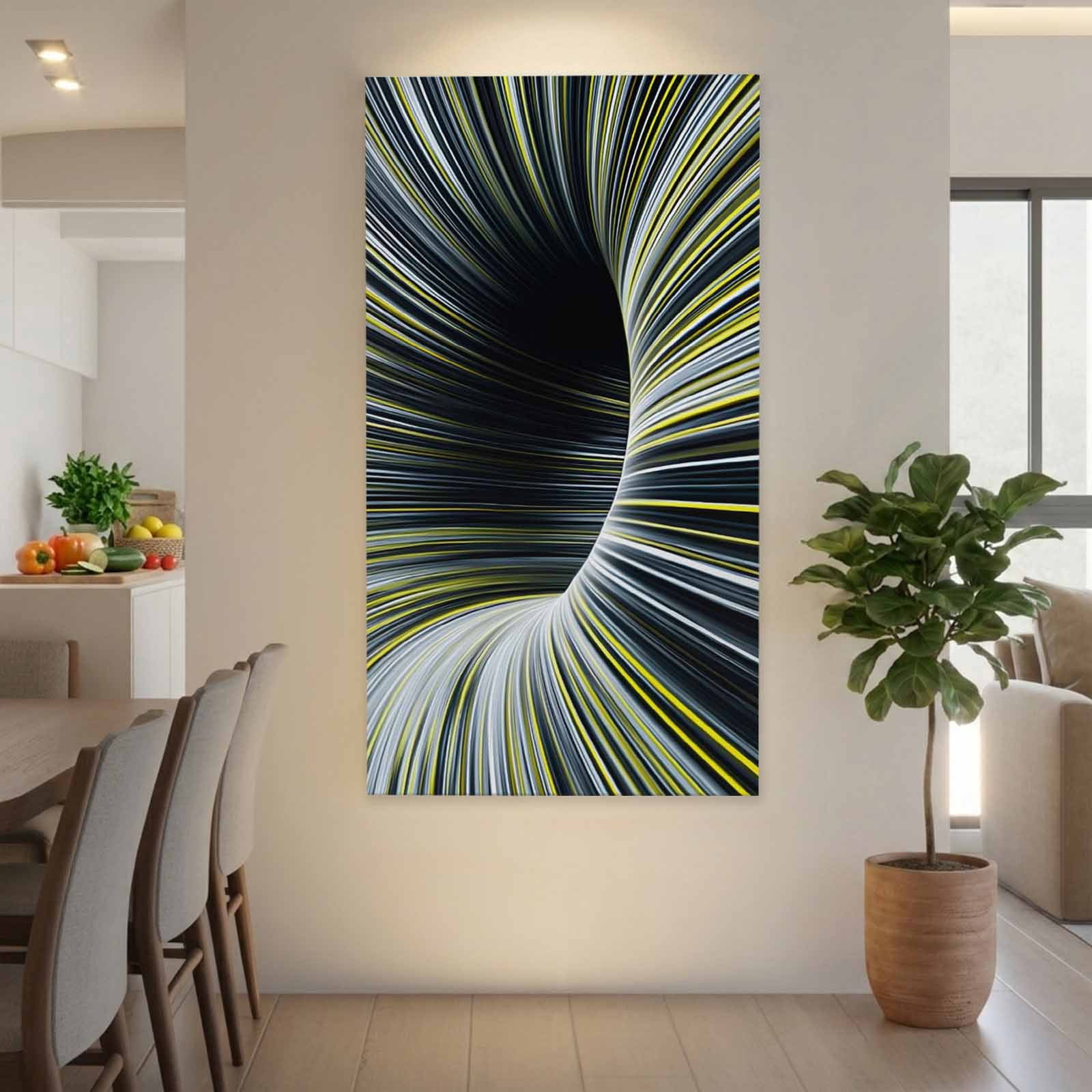 Abstract Canvas Wall Art for Living Room, Lemon Yellow White Linear ...