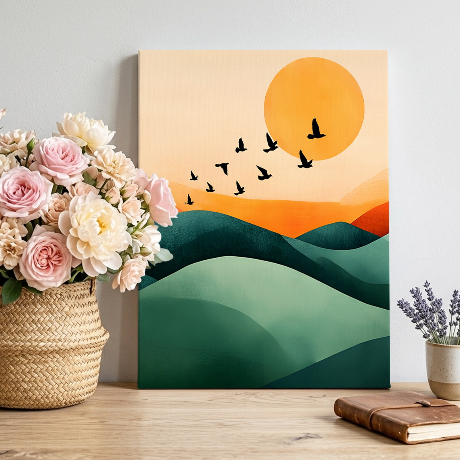 Abstract Canvas Wall Art for Living Room, Peaks Sun Set Birds Oil ...