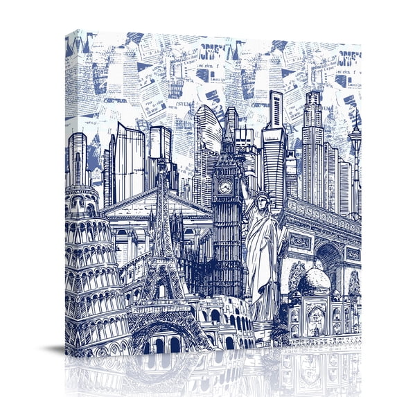 Abstract Canvas Wall Art for Living Room, White and Navy Blue Global ...