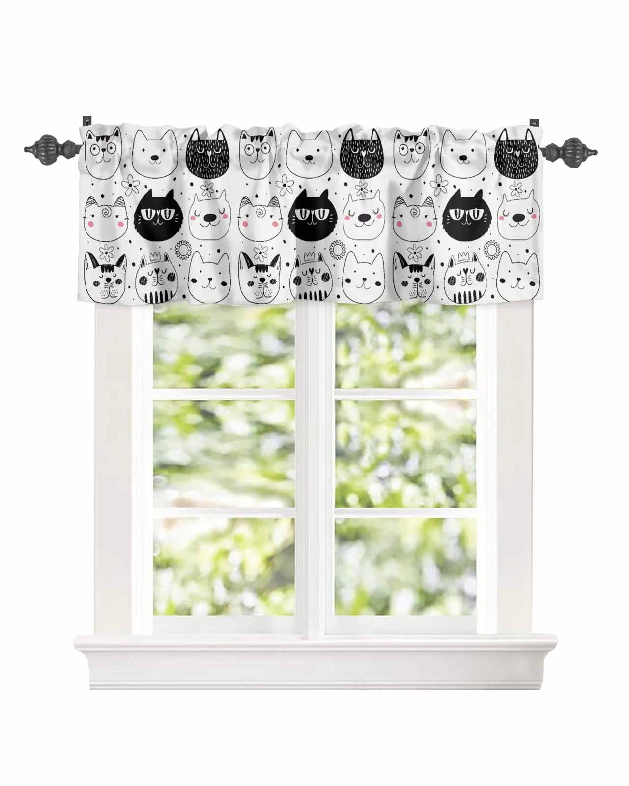 Abstract Cartoon Black Cat with Floral Window Valances for Kitchen,Rod ...