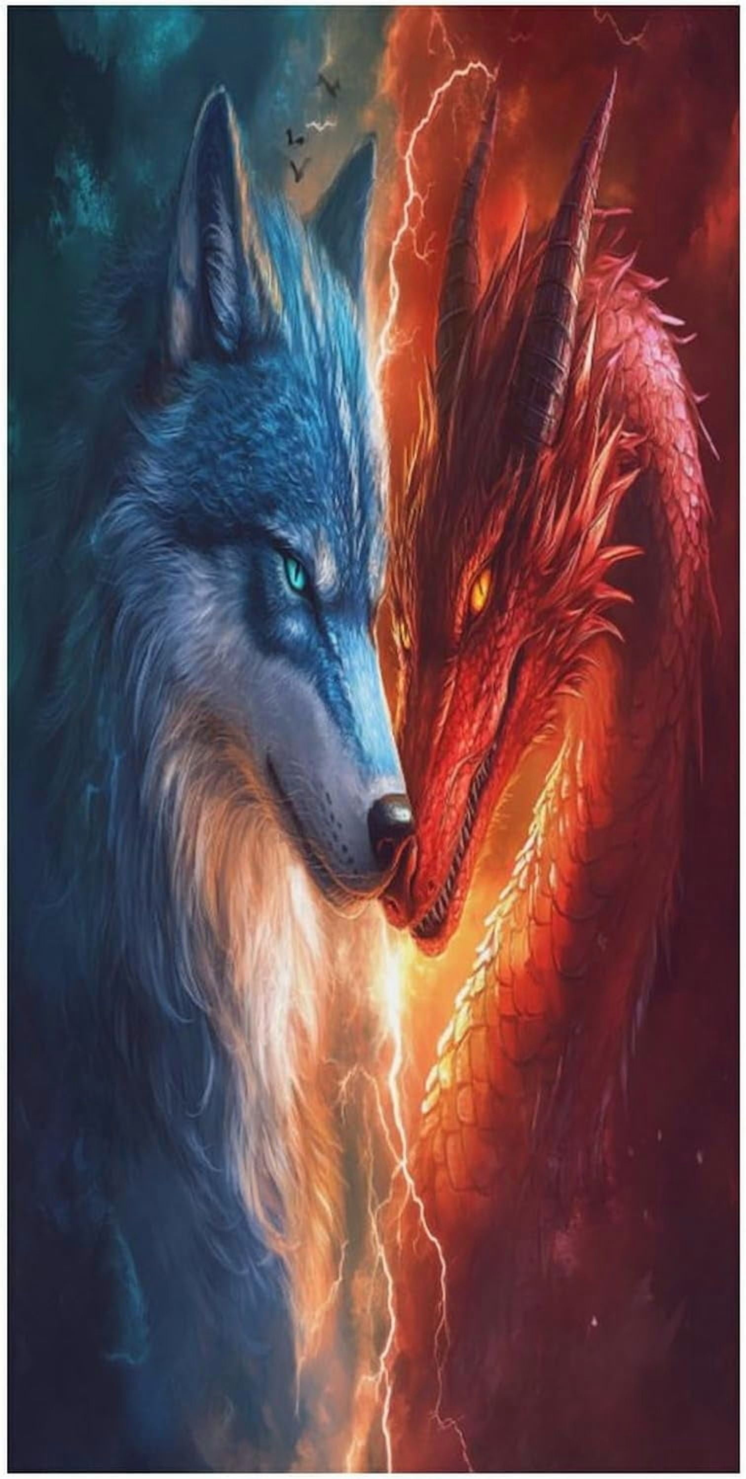 Abstract Cartoon Dragon Wolf Beach Towels Oversized - Rustic Flame ...