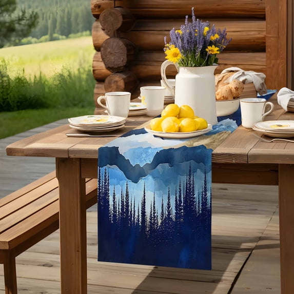 Abstract Cartoon Landscape Hill Table Runner 60 Inch Long Green Forest ...