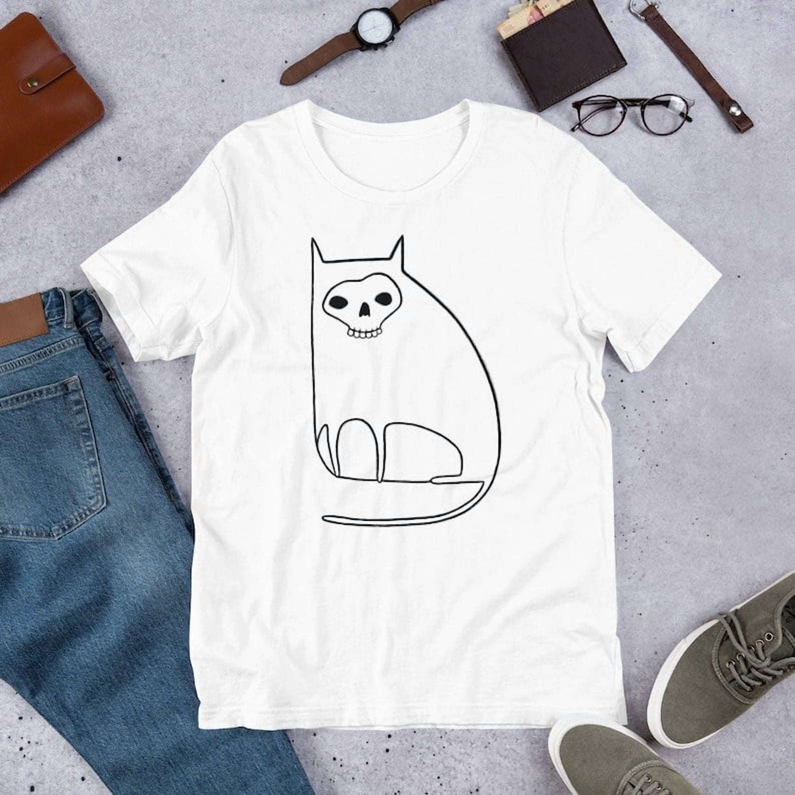 Abstract Cat Line Drawing T-Shirt Featuring Skull Face Illustration and ...