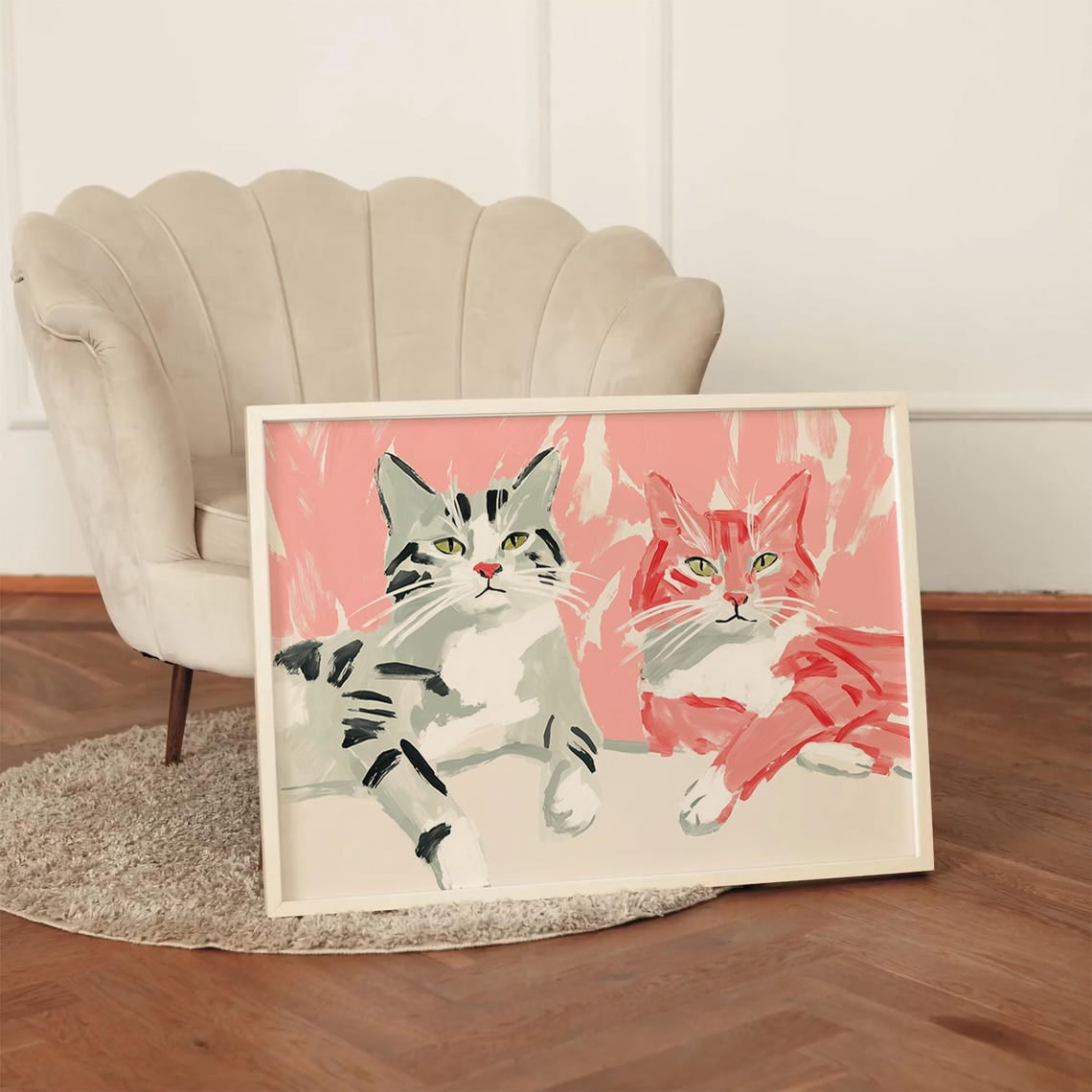 Abstract Cat Minimalist Modern Feline On Pink Background, Unframed ...