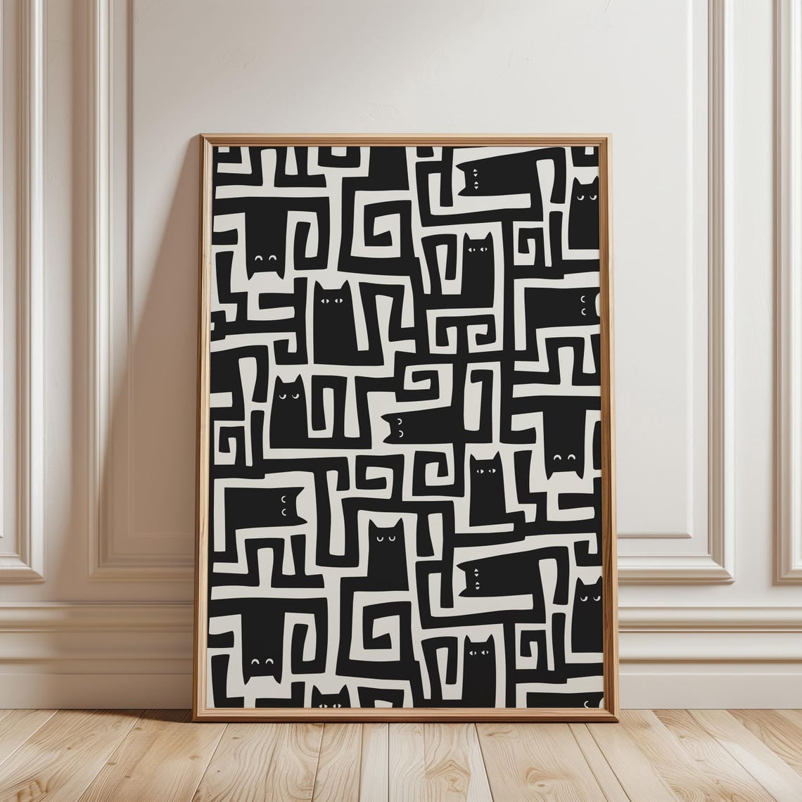 Abstract Cat Pattern Black White Animal Modern Minimal Line, Stretched ...