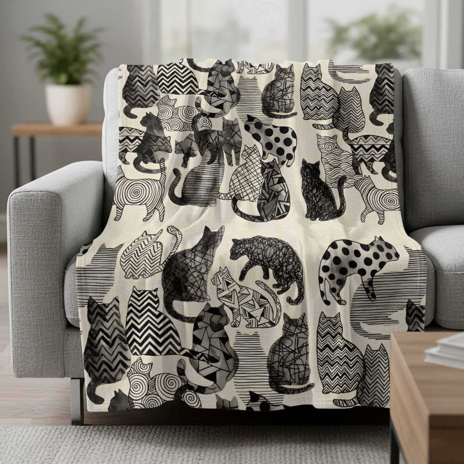 Abstract Cat Vintage Fleece Throw Blanket Geometric Wave Dot Line Cat ...