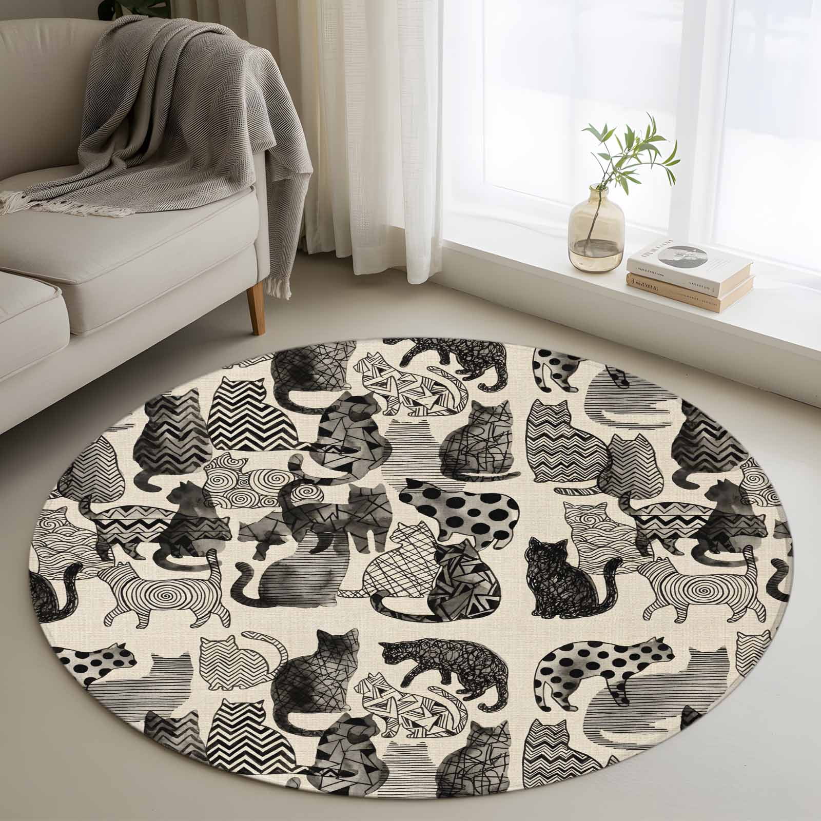 Abstract Cat Vintage Round Living Room Rugs 4 ft, Geometric Wave Dot ...