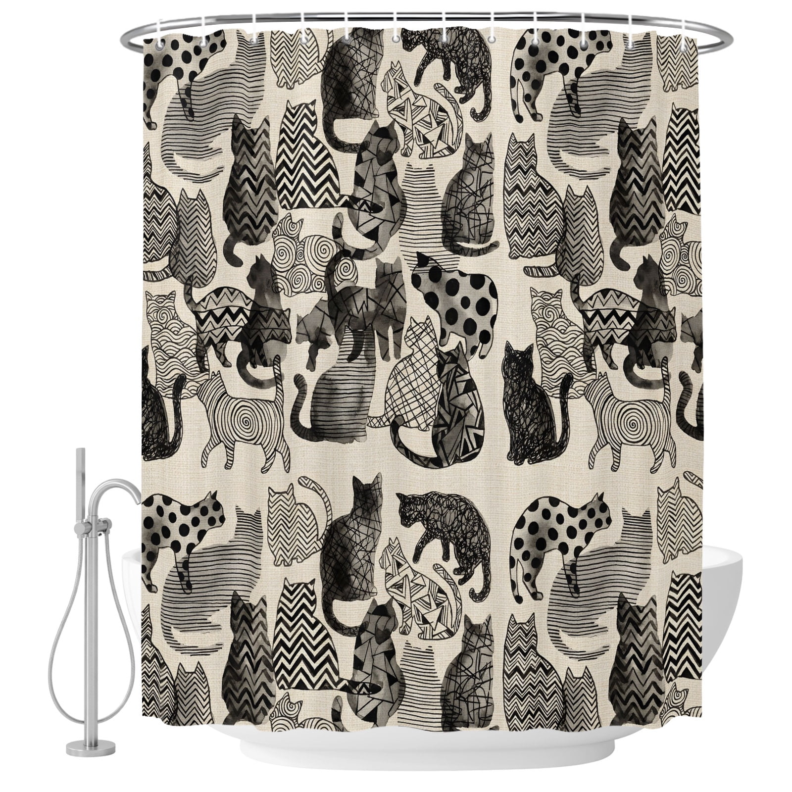 Abstract Cat Vintage Shower Curtain Set with Hooks, Geometric Wave Dot ...