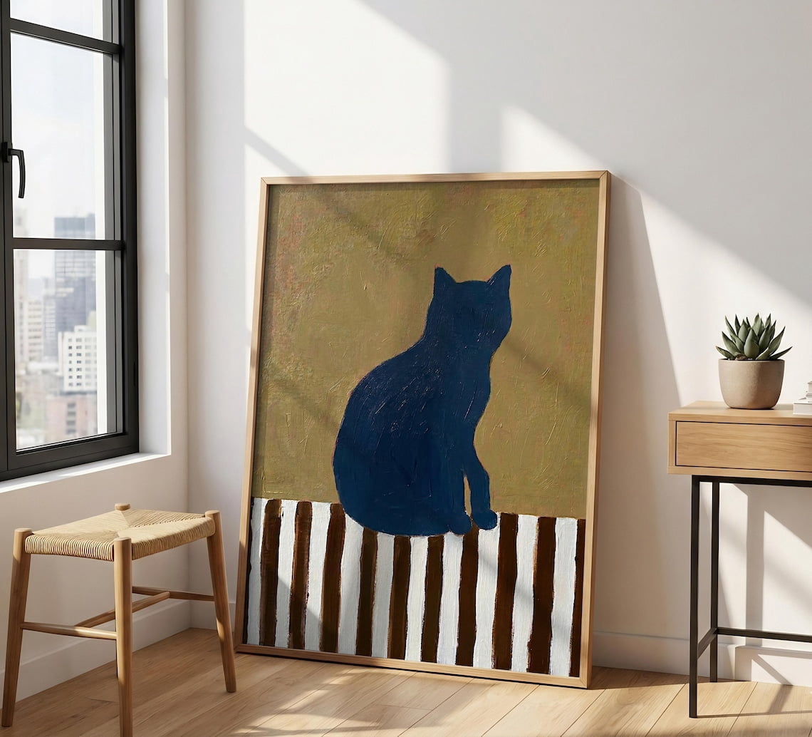 Abstract Cat Wall Art Print, Blue Silhouette Striped Pattern Poster ...