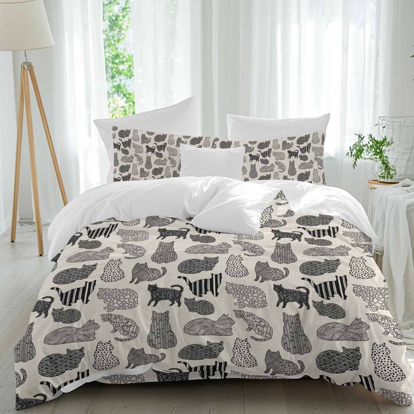 Abstract Cats Bedding Duvet Cover Set Queen Size 4 Pieces, Vintage Gray ...