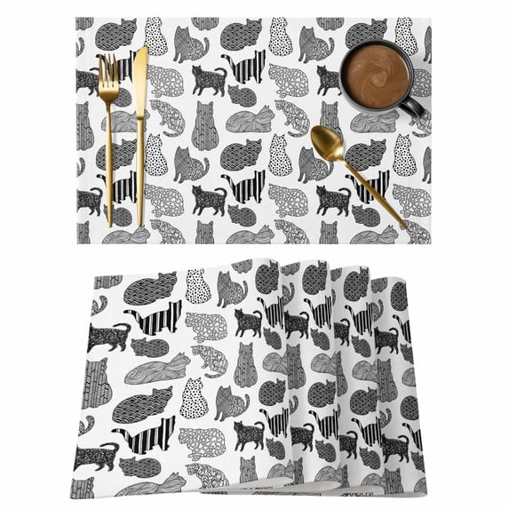 Abstract Cats Cotton Linen Placemats Set of 1, Gray Black Striped Cat ...
