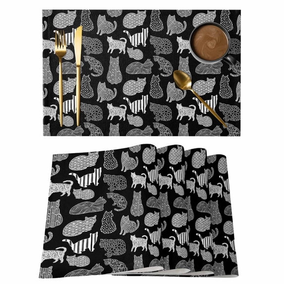 Abstract Cats Cotton Linen Placemats Set of 4, Black Gray Striped Cat ...