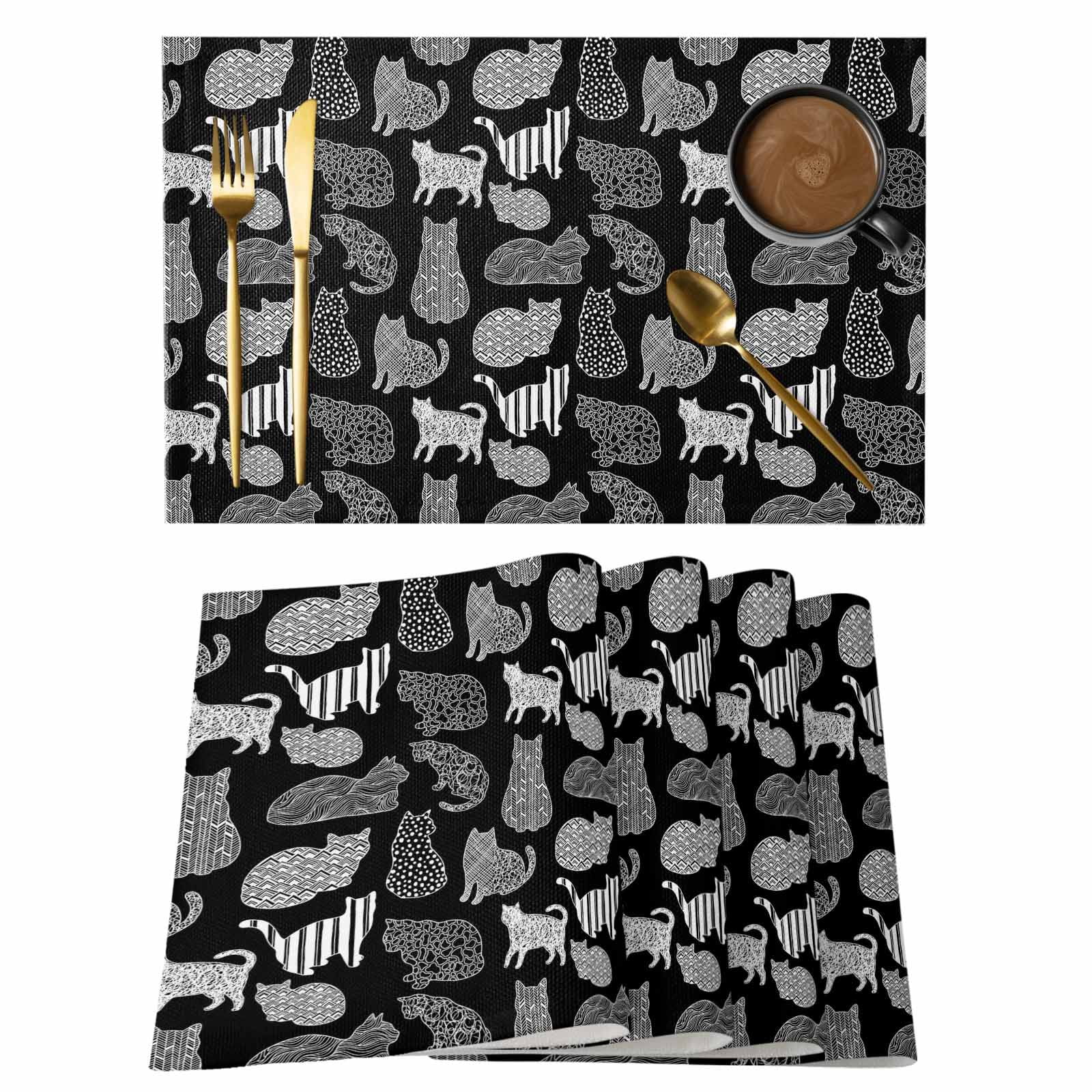 Abstract Cats Cotton Linen Placemats Set of 8, Black Gray Striped Cat ...