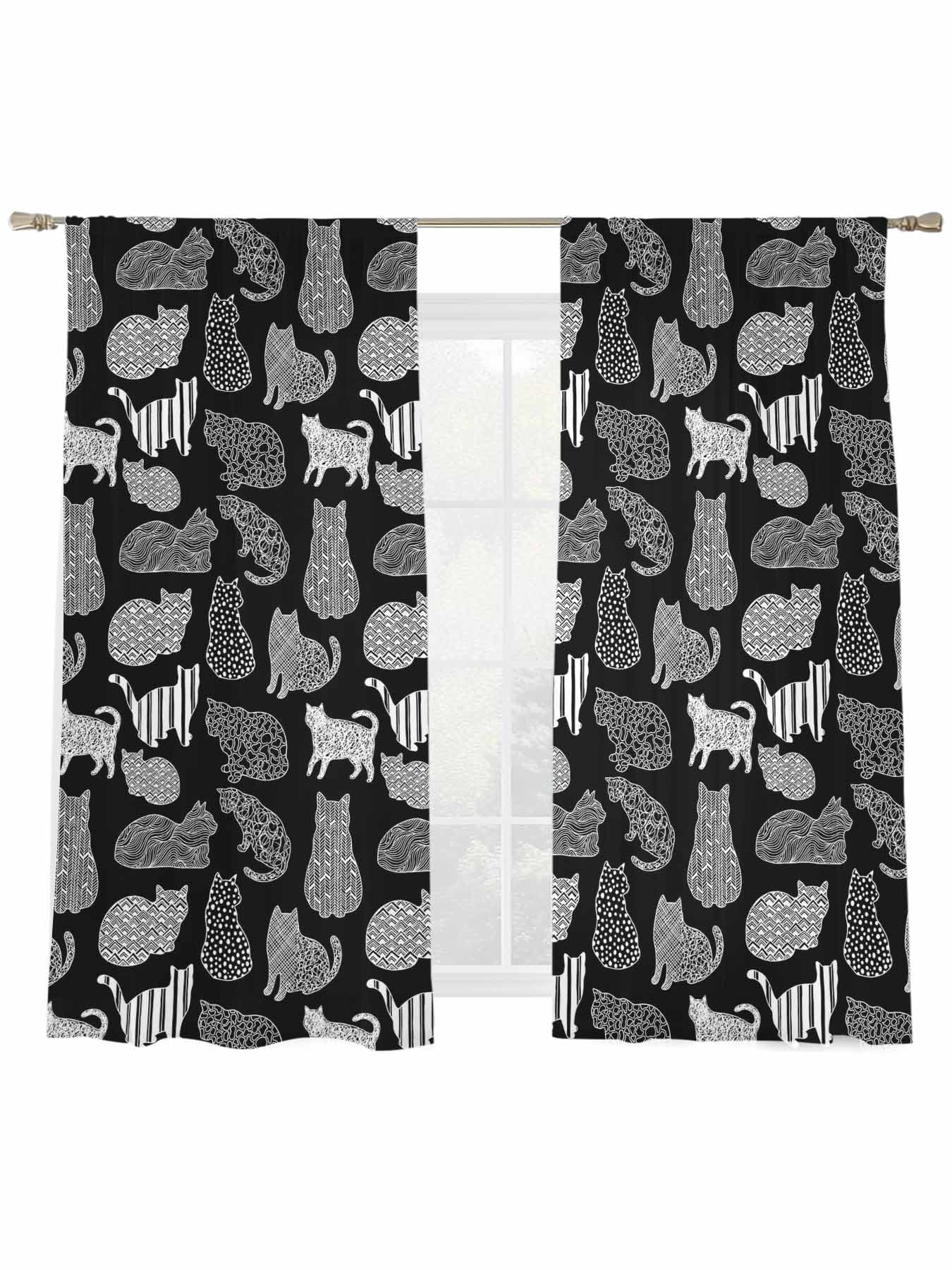Abstract Cats Sheer Curtains 2 Panels Set Black Gray Striped Cat Modern ...