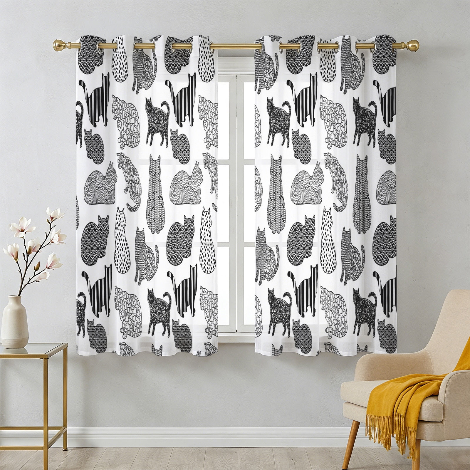 Abstract Cats Sheer Curtains 45 Inch Long 2 Panels, Gray Black Striped ...